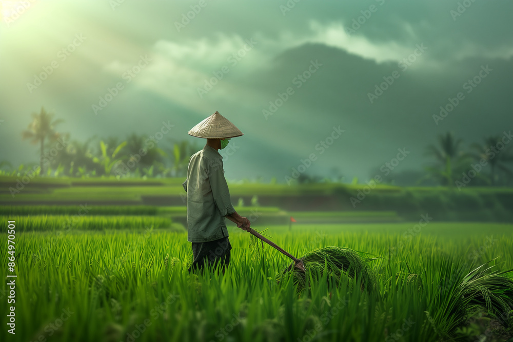 farmer actively using a sickle to plough through a lush, green rice ...