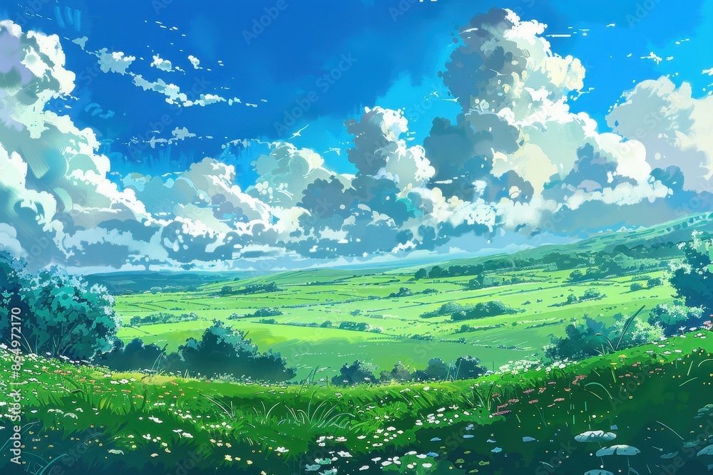 Beautiful cartoon landscape with green grass, blue sky, and fluffy ...