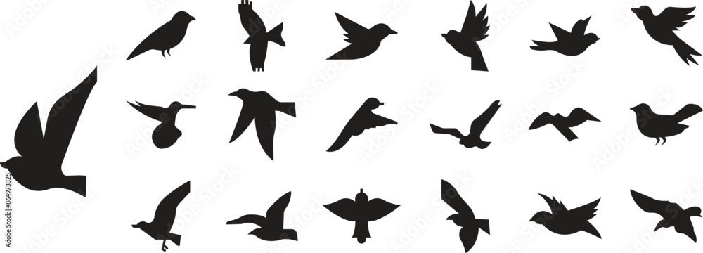 Birds silhouette icons Set fill styles vectors, black humming bird ...