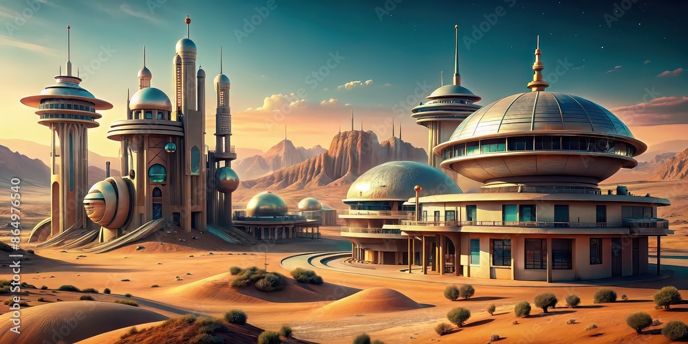 Retro futuristic architecture on alien desert planet with nostalgic sci ...