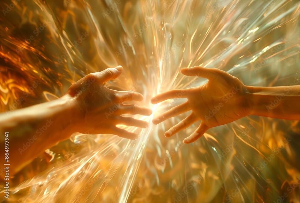 Human hand reaching towards a hand radiating golden energy, amidst an ...