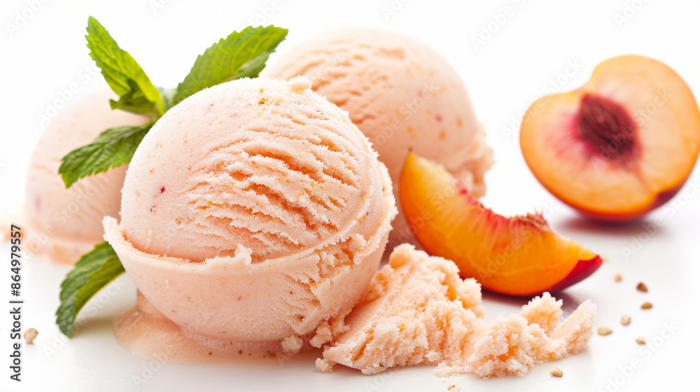Peach sherbet ice cream isolated on white background, a delicious and ...