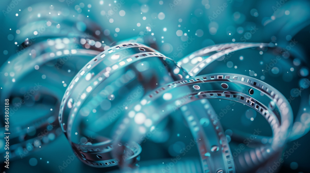 cinema illustration, film stocks in the air, blue background, classic ...