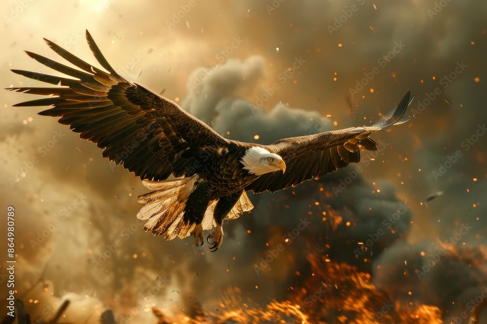 A large eagle gracefully flies above a sky filled with raging fires ...