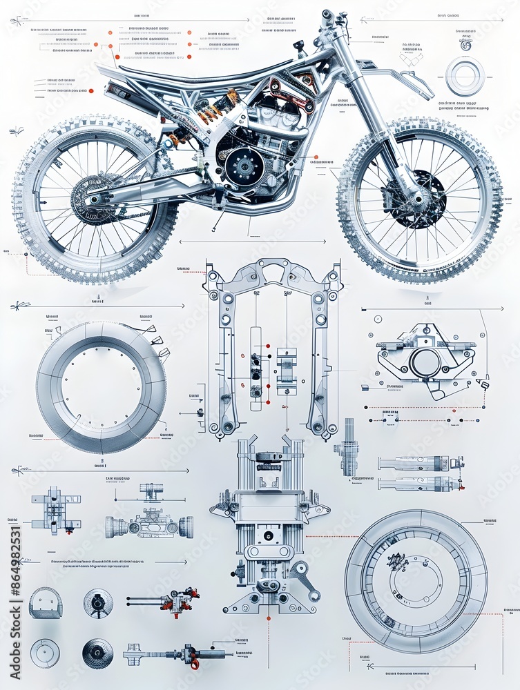 Minimalist Infographic Blueprint of Motorcycle Components and ...