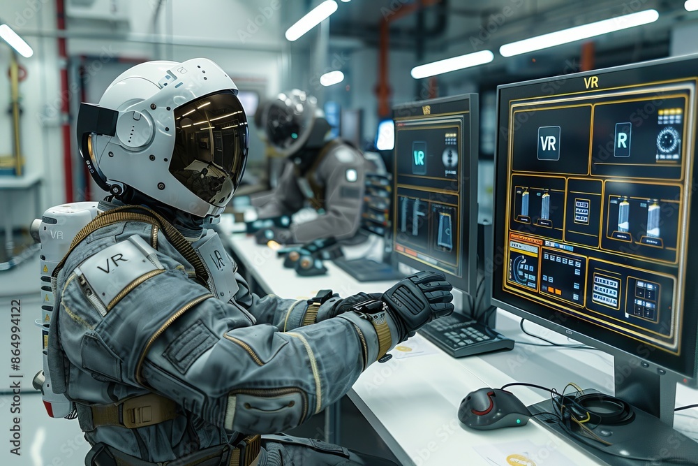 Military personnel using VR technology in a high-tech control room ...