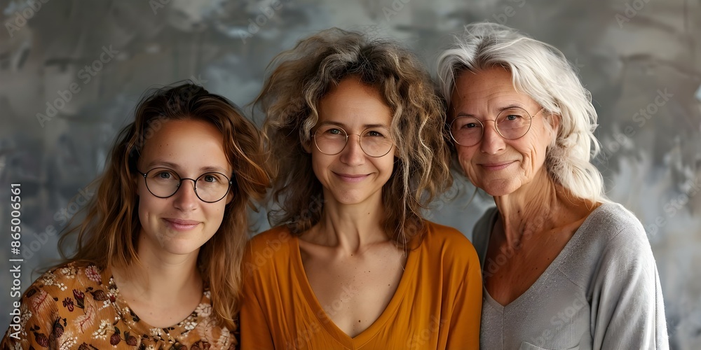 Three happy women of different generations standing in a row together ...