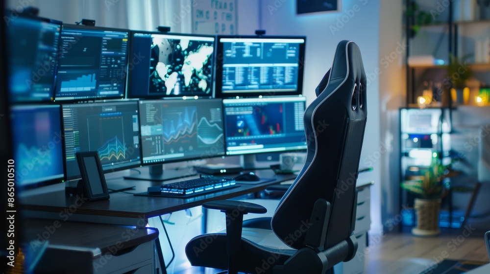 High-tech home office with a futuristic desk, ergonomic gaming chair ...