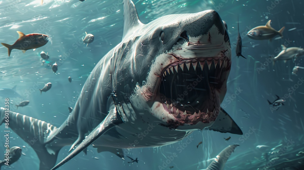 Terrifying shark underwater with open mouth and sharp teeth, swimming ...