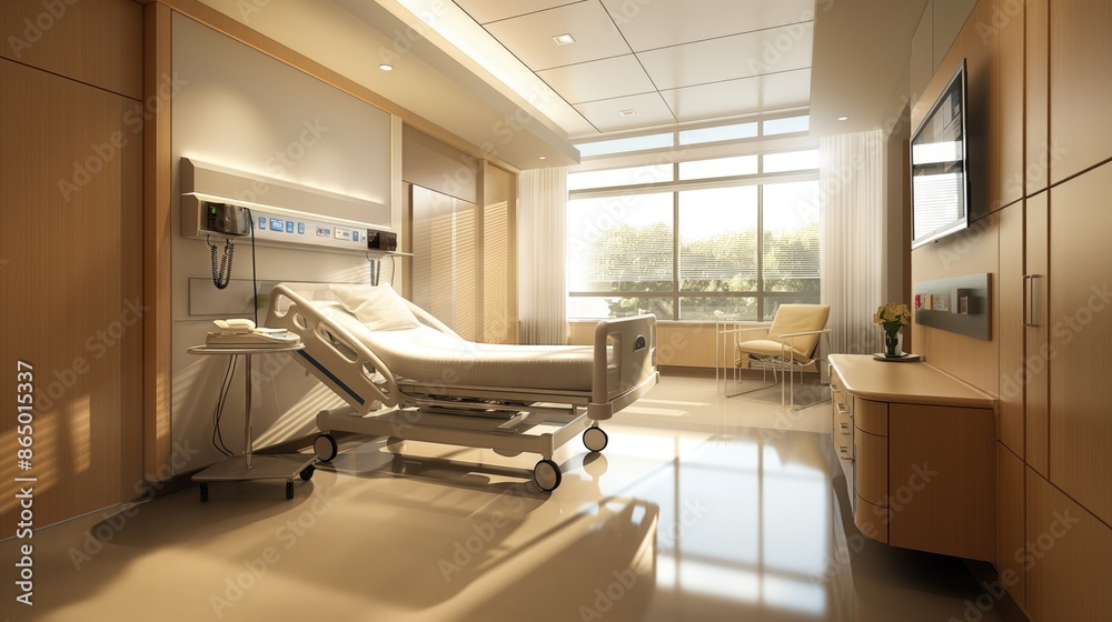 Interior of empty modern hospital room with medical equipment. The ...