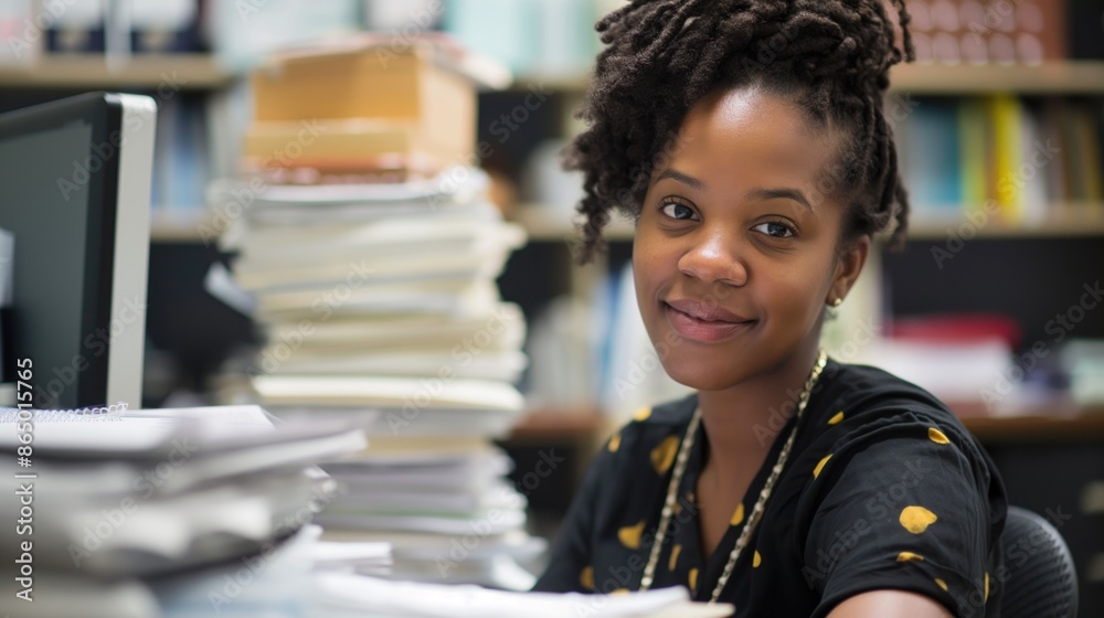 A young woman in an office sits at a desk with tall stacks of documents ...