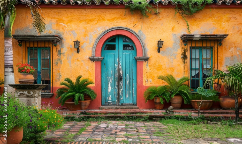 vibrant Mexican colonial home with a wooden door, orange walls, blue ...