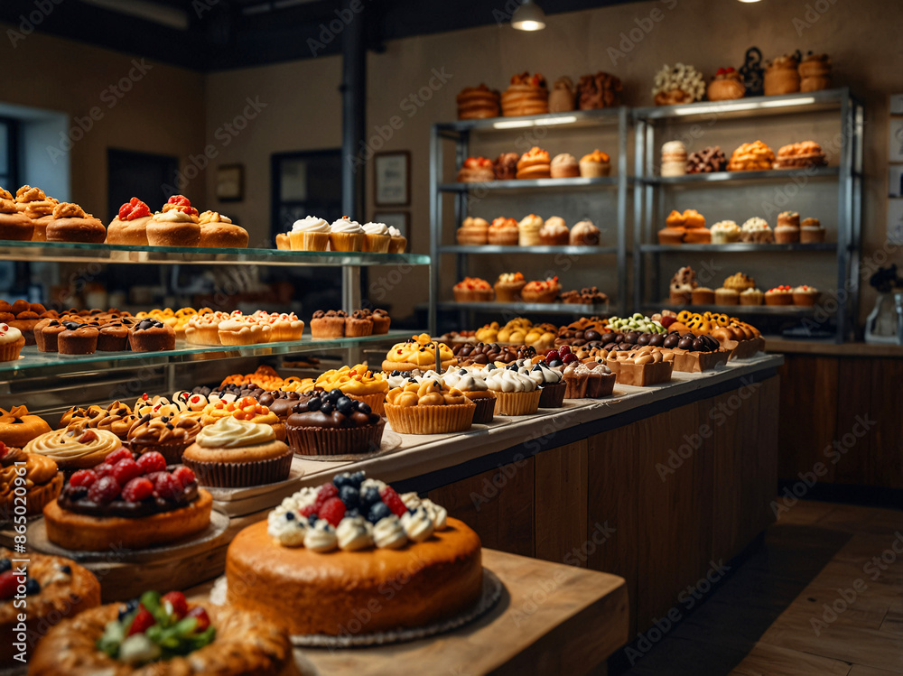The image shows a well-lit bakery shop interior with a variety of cakes ...