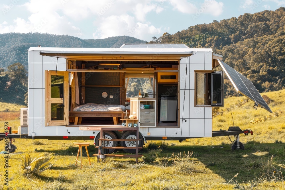 A white trailer parked with a bed setup inside, A tiny house on wheels ...