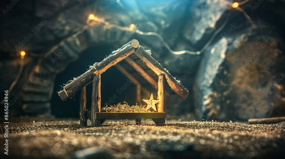 Christmas scene with empty wooden manger, star of Bethlehem in cave ...