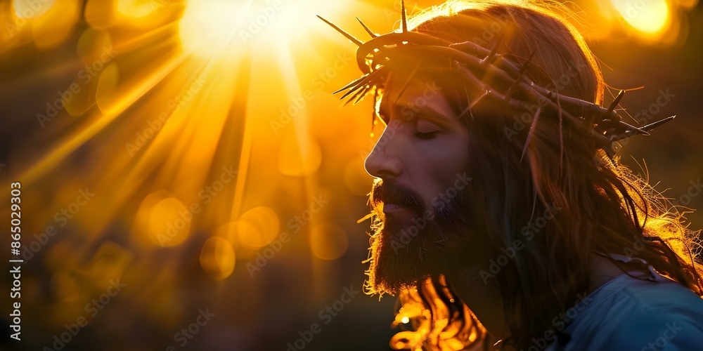Sunset colors create a halo effect around Jesus' face in sharp focus ...