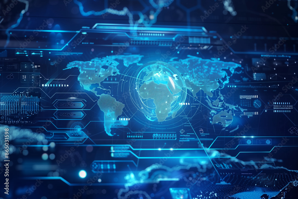 Against a blue technology background, the holographic world map stands ...