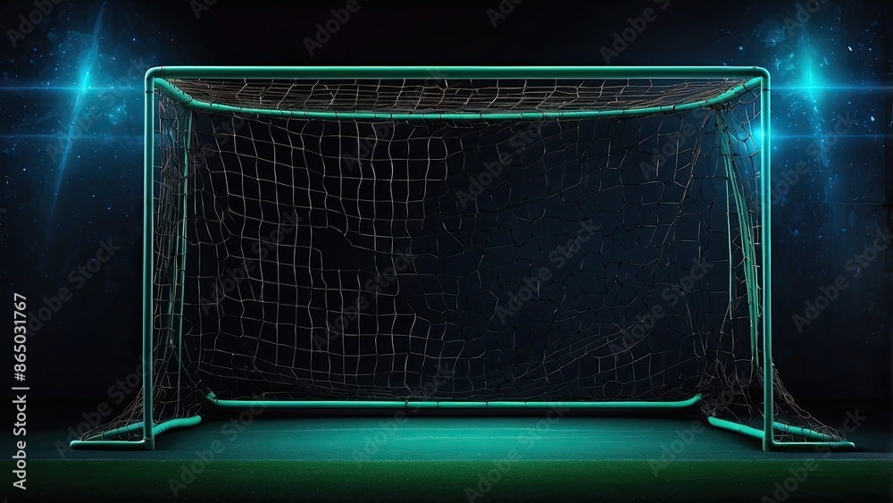 Poster. soccer goal with neon blue and green lighting outlines, set ...