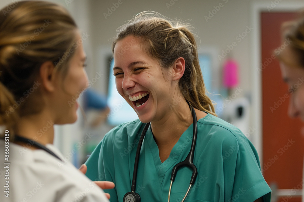 In the hospital break room, a doctor shared a laugh with her medical ...