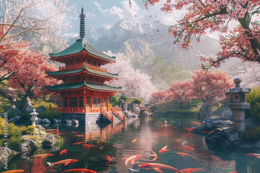 Traditional Japanese garden scene with koi fish swimming in pond ...
