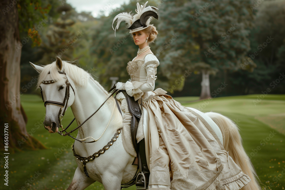 A fashion model in old money style, draped in an elegant vintage riding ...