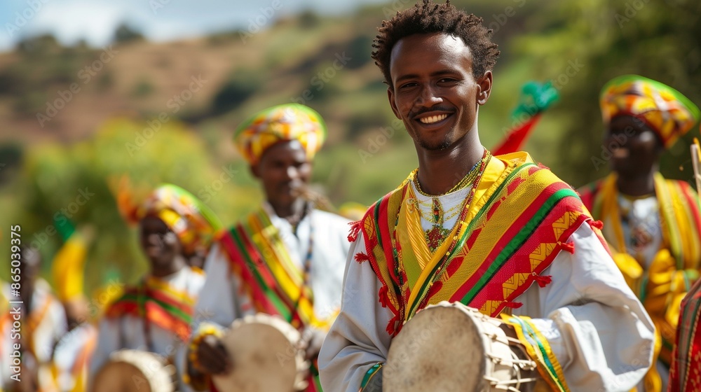 Group eritrean men in traditional clothing with one man playing drum ...