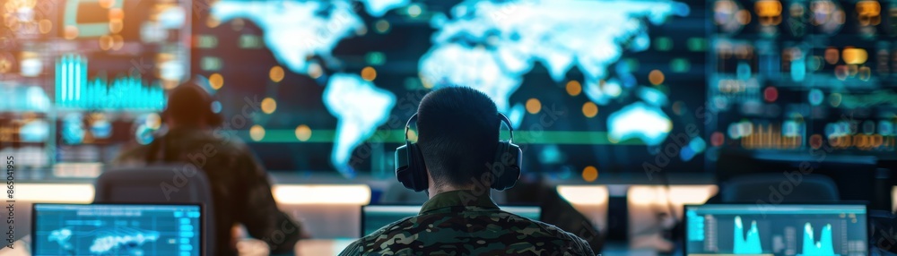 Military personnel operates in a high-tech command center with multiple ...