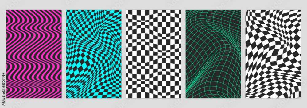 Psychedelic checkerboard backgrounds set with geometry wireframe grid ...