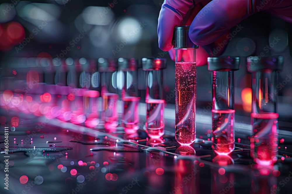 Scientist examining blood vials, genome sequencing hologram - medical ...