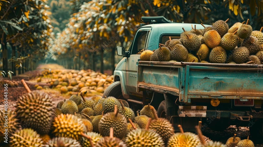 Durian harvesting. Pickup truck in an orchard full of fresh durian, the ...