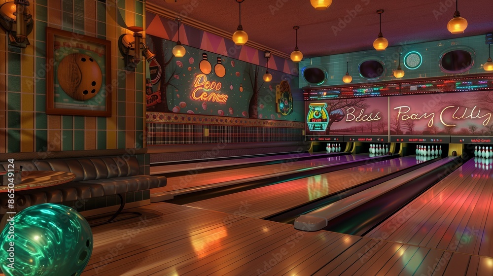 A retro bowling alley guest room with vintage bowling alley decor, neon ...