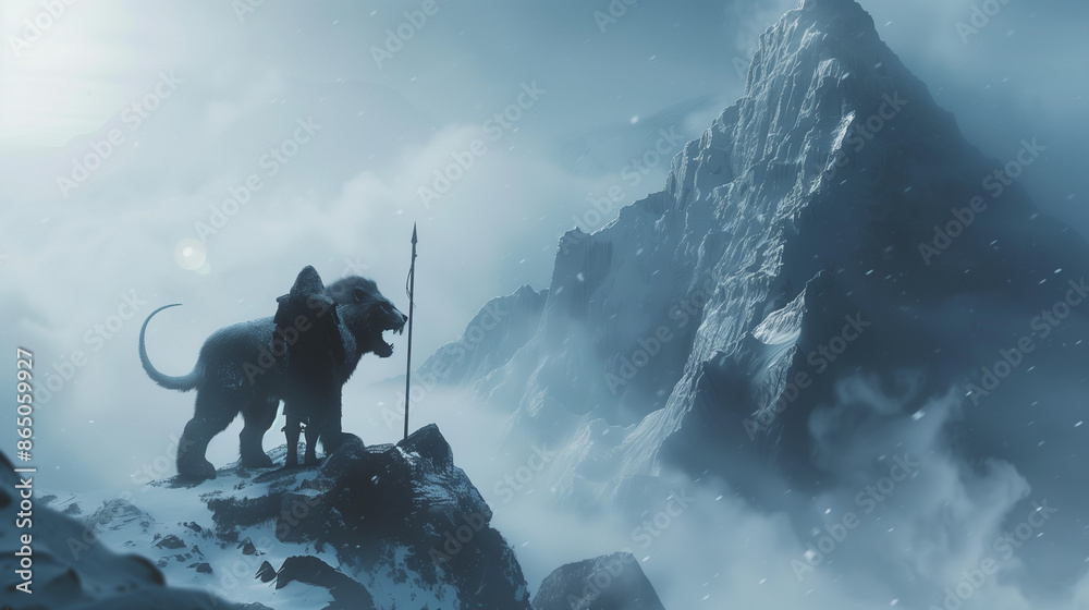 hunter holding spear encounters sabertooth smilodon on snowy 🏔️ ...