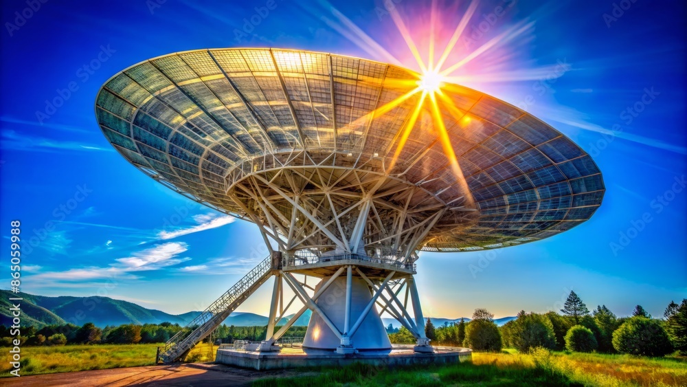 Massive parabolic antenna stands isolated against a vibrant blue sky ...