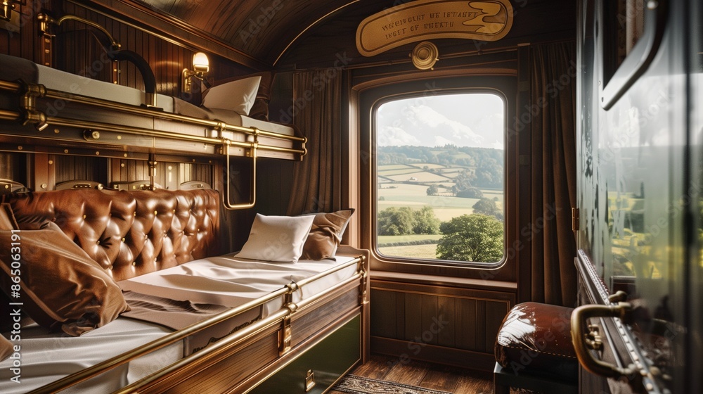 A vintage train cabin guest room with brass fixtures, leather ...