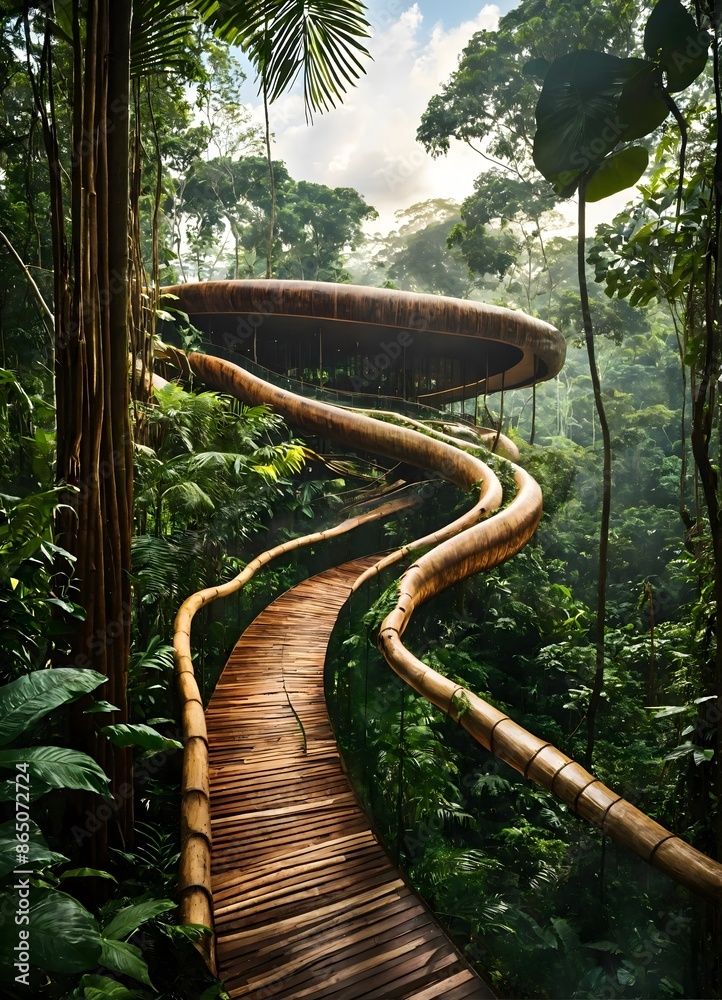 Architectural zig-zag bamboo bridge in green dark forest or tropical ...