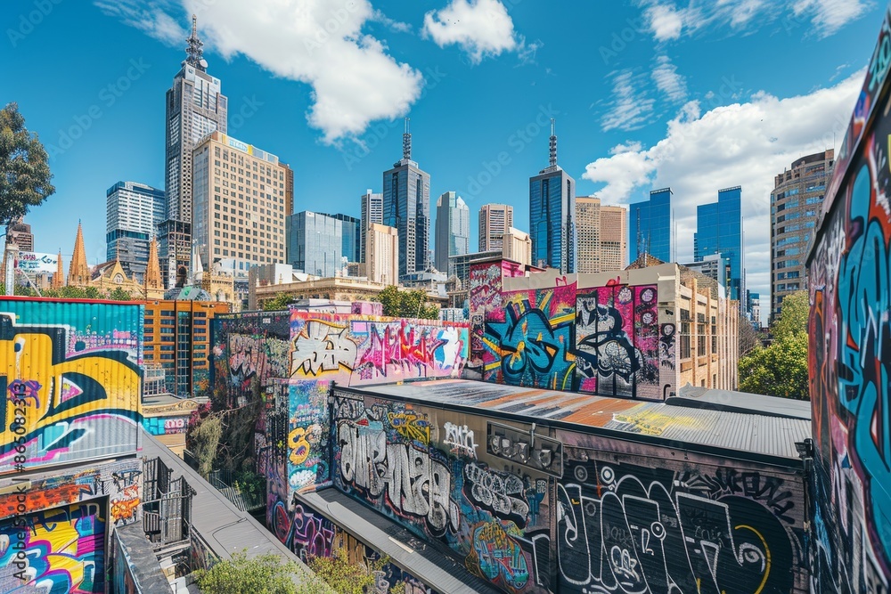 This city view is filled with colorful graffiti covering buildings ...
