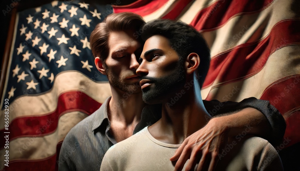 LGBTQ+ Male, Interracial gay couple celebrates Independence Day with an ...