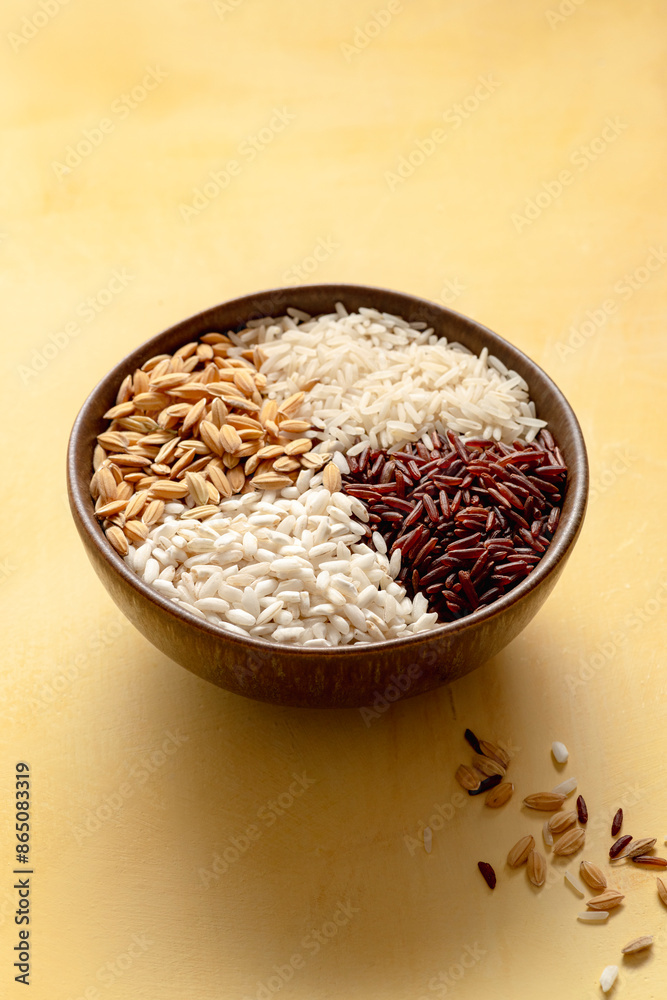 Bowl of differenti types of raw rices: Risone, (raw rice), Basmati ...