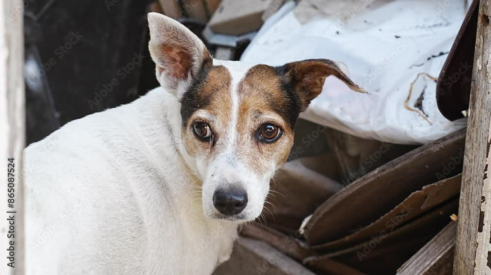 A dog of the Jack Russell Terrier breed is looking for something in the ...