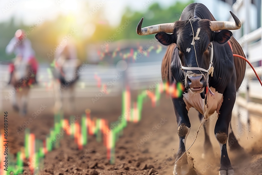 Charging bull in a rodeo arena with stock market chart overlay ...