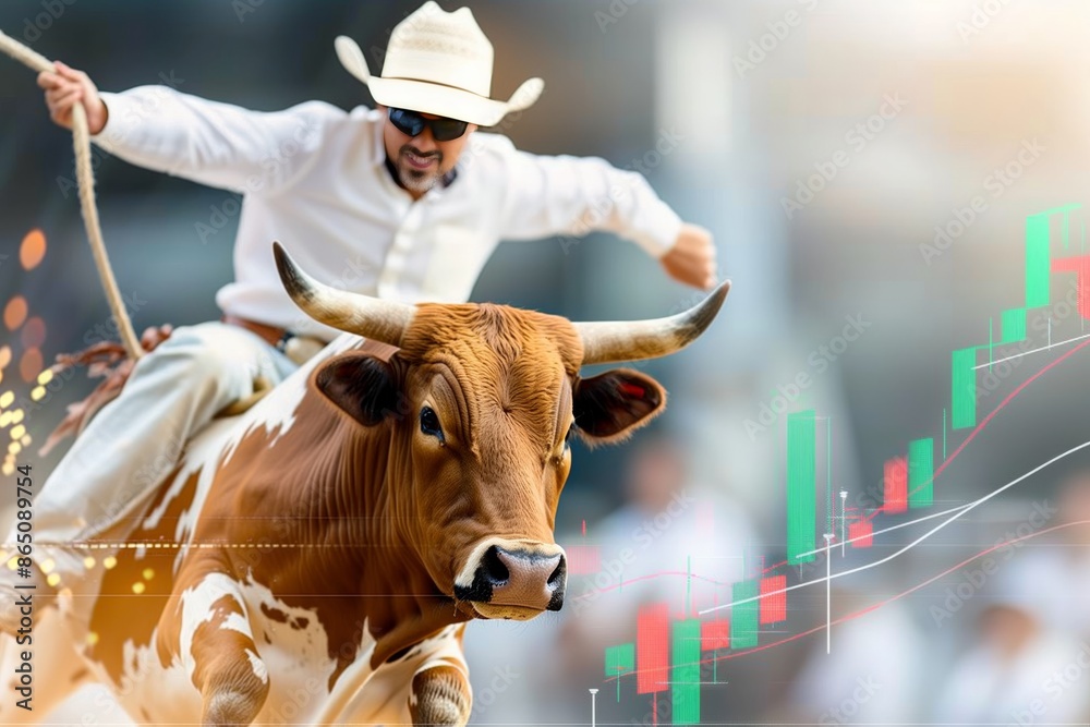 Bull riding in suit at charging bull in rodeo arena with stock market ...