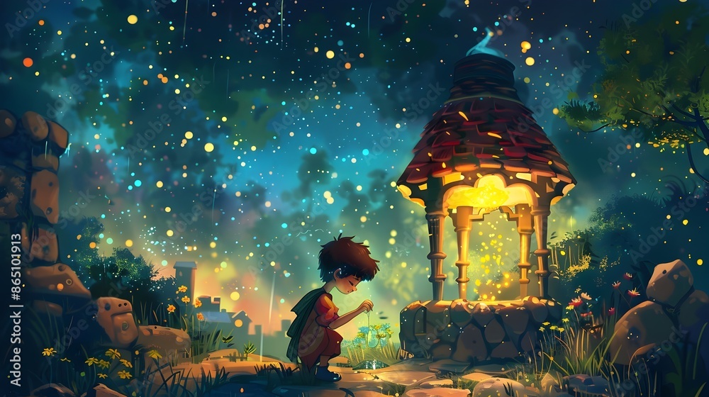 Cartoon Character Making a Wish at Magical Wishing Well Symbolizing ...