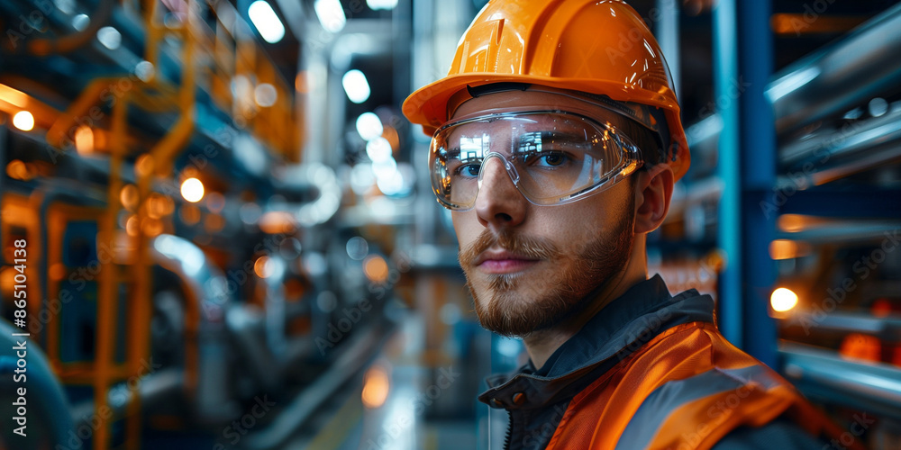 Male worker at a factory concept poster background. Man worker wearing ...