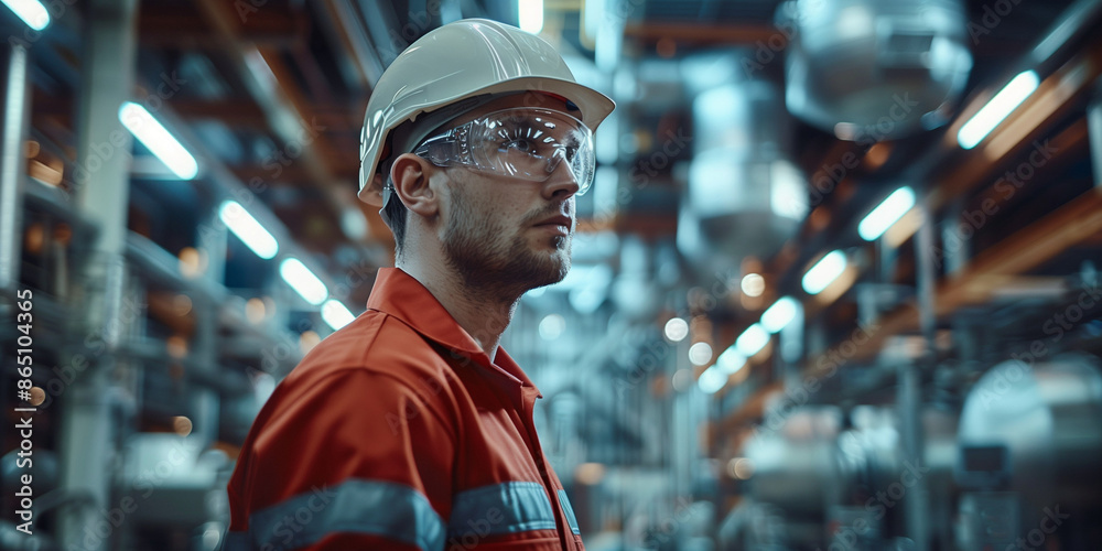 Male worker at a factory concept poster background. Man worker wearing ...