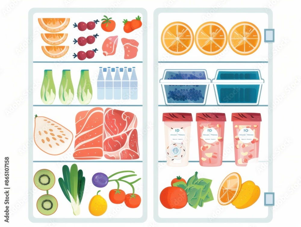 Fridge organization guide (fruits, meats, dairy icons) (food symbols in ...