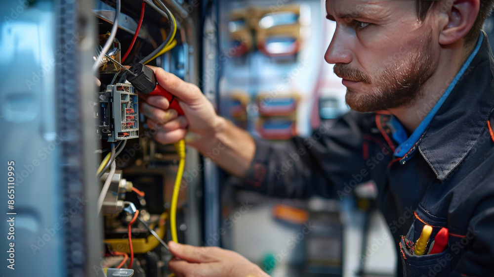 Electrician carefully fixing wires in an electrical panel ...