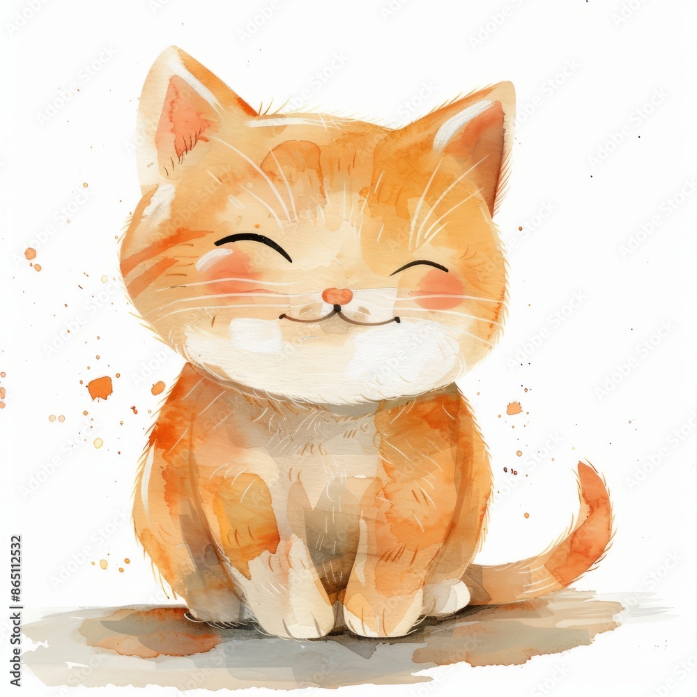 Watercolor illustration of a happy orange cat sitting with a smiling ...