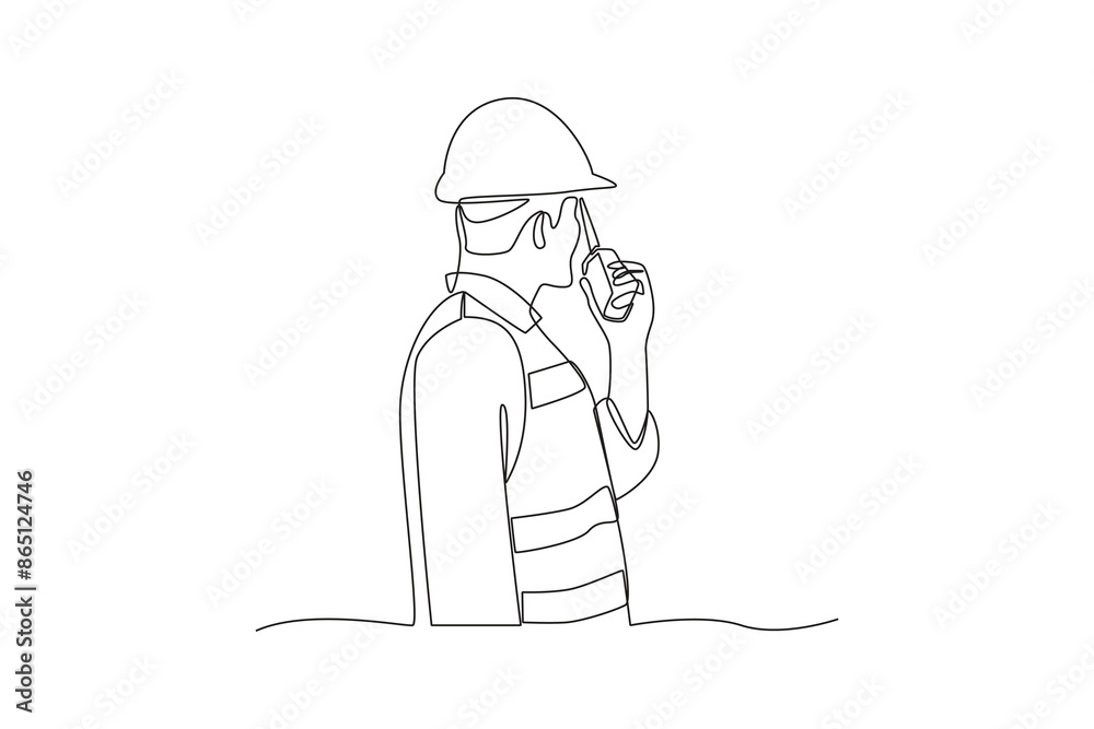 Continuous one line drawing a mining supervisor uses a hand radio to ...