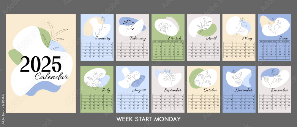 Abstract A4 calendar 2025 trendy spots, hand drawn botanic flowers and ...