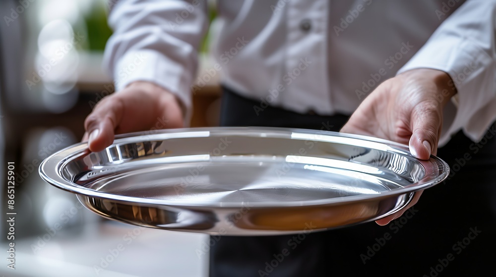 Waiter tray butler hand serve hold plate isolated white man silver ...
